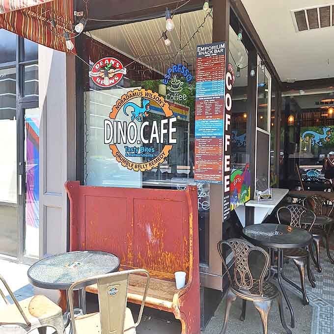 The whimsical Dino Cafe offers sidewalk seating perfect for people-watching while sipping coffee that doesn't require a second mortgage.