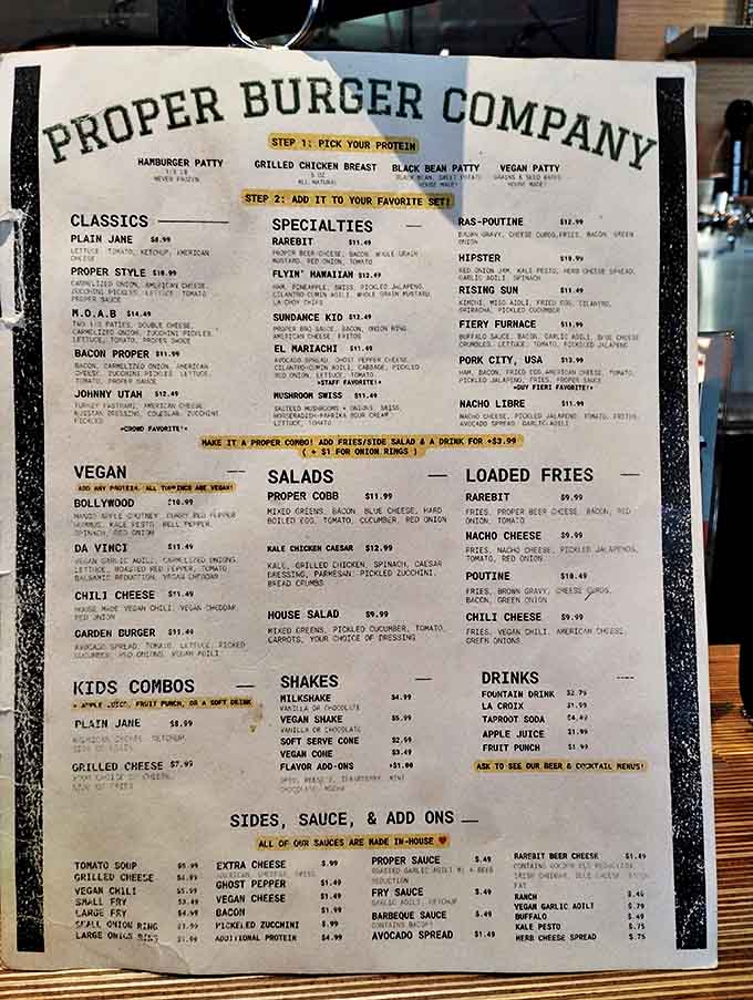 Decision paralysis has never been so delicious. This menu reads like a love letter to burger enthusiasts with options from classic to wildly creative.