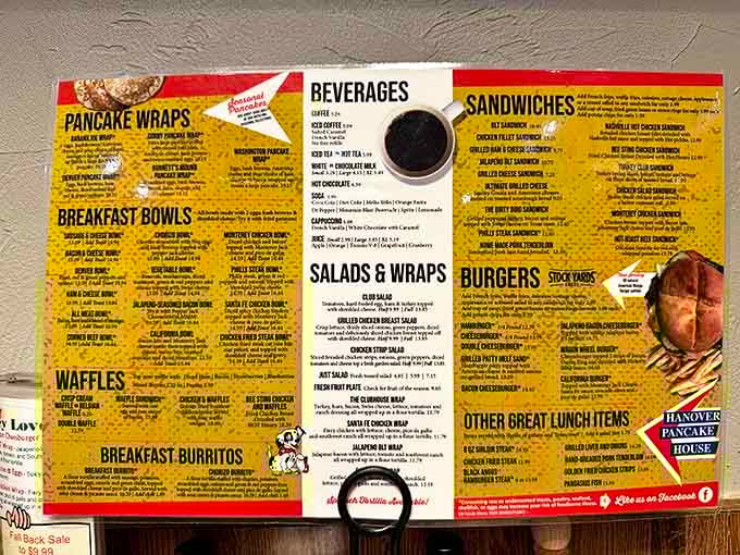 The menu reads like a love letter to breakfast, with pancake wraps and breakfast burritos stealing the spotlight.