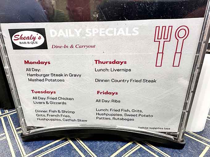 The daily specials board reads like a love letter to Southern cuisine, with Tuesday's fried chicken stealing hearts across county lines.