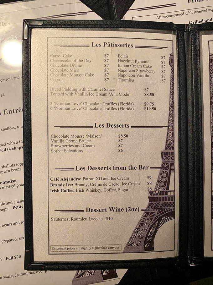 The dessert menu reads like poetry for your sweet tooth. Notice carrot cake listed first &ndash; they know what's good!