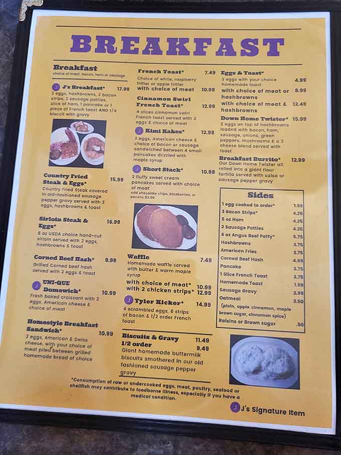 This menu isn't just a list—it's a roadmap to happiness. The purple "J's Signature Item" dots mark the spots where breakfast dreams come true.