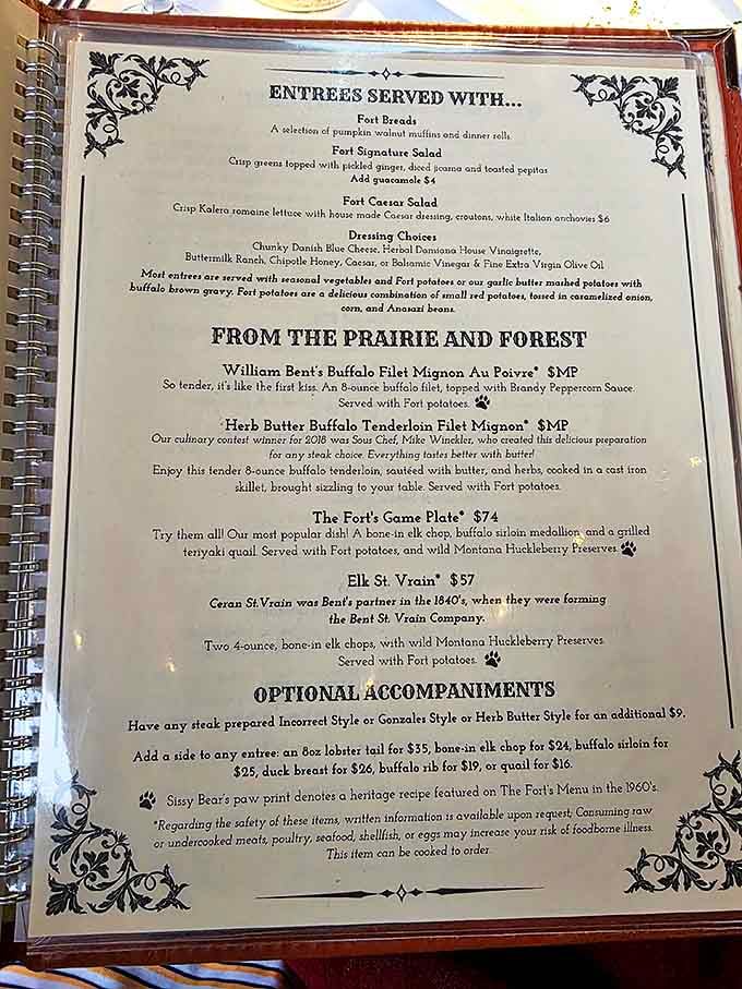This isn't your average steakhouse menu&mdash;it's a historical document disguised as dinner options, with buffalo and elk stealing the spotlight from ordinary beef.