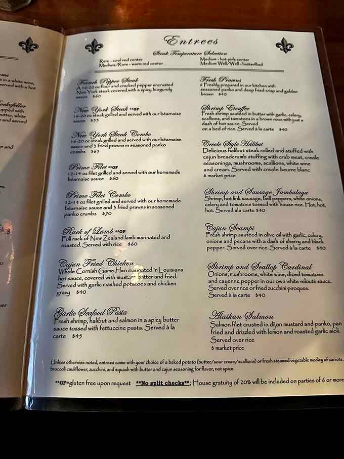 The menu reads like a love letter to indulgence&mdash;pepper steaks, prime rib, and Creole-style seafood that would make even the most stoic Alaskan break into a happy dance.