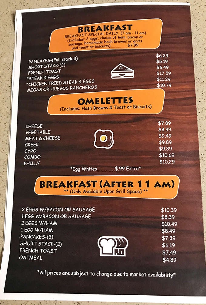A menu that doesn't need fancy fonts or pretentious descriptions&mdash;just honest food at honest prices. The breakfast special is calling your name.