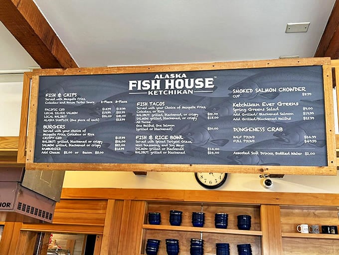 The chalkboard menu cuts straight to the chase&mdash;no flowery descriptions needed when your seafood is this fresh. That smoked salmon chowder is calling my name!