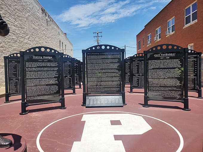The Wrestling Monument Park celebrates local legends with the same reverence other towns might reserve for founding fathers.