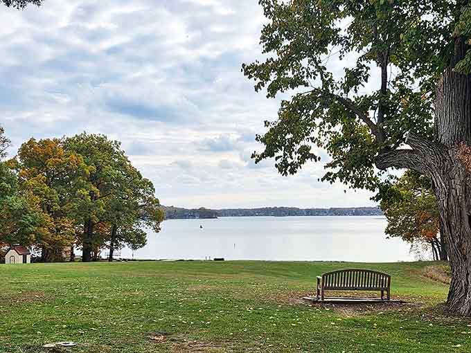 Lake views that soothe the soul. This peaceful bench overlooking the water offers the kind of quiet moment that reminds you why small-town living has its perks.
