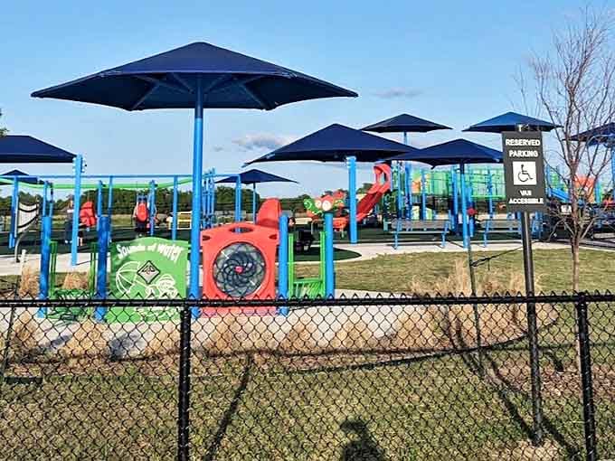 Ruby Grant Park's colorful playground proves retirement doesn't mean the end of play. Those shade structures are Oklahoma's admission that summer isn't always gentle.