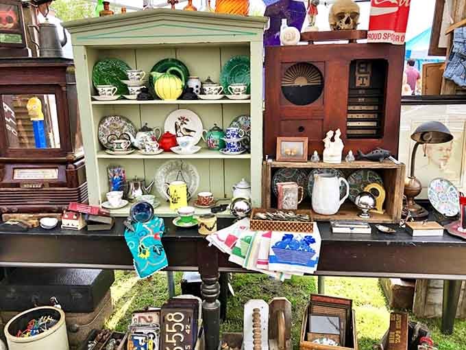 Vintage treasures tell stories from decades past. That green cabinet probably remembers more dinner parties than most of us have attended.
