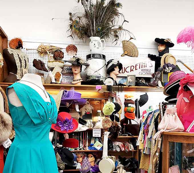 The vintage clothing corner&mdash;where peacock feathers meet bold hats and yesterday's fashion statements await their encore performance on modern shoulders.