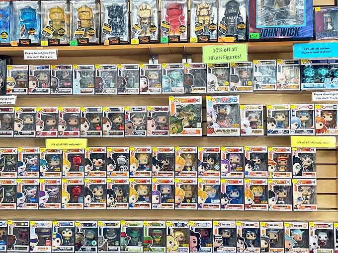 Funko Pop paradise! These vinyl figures with their oversized heads and beady eyes stand guard like tiny sentinels of pop culture history.