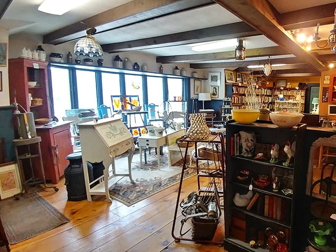 Sunlight streams through windows illuminating wooden beams and vintage treasures, creating the perfect backdrop for your next "I found it!" moment.