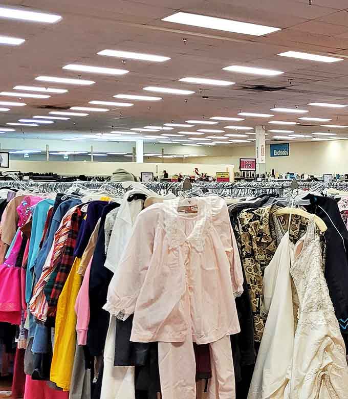 The vastness of Thrift World's interior rivals some small Nebraska towns. More clothing racks than cornfields in this retail wonderland.