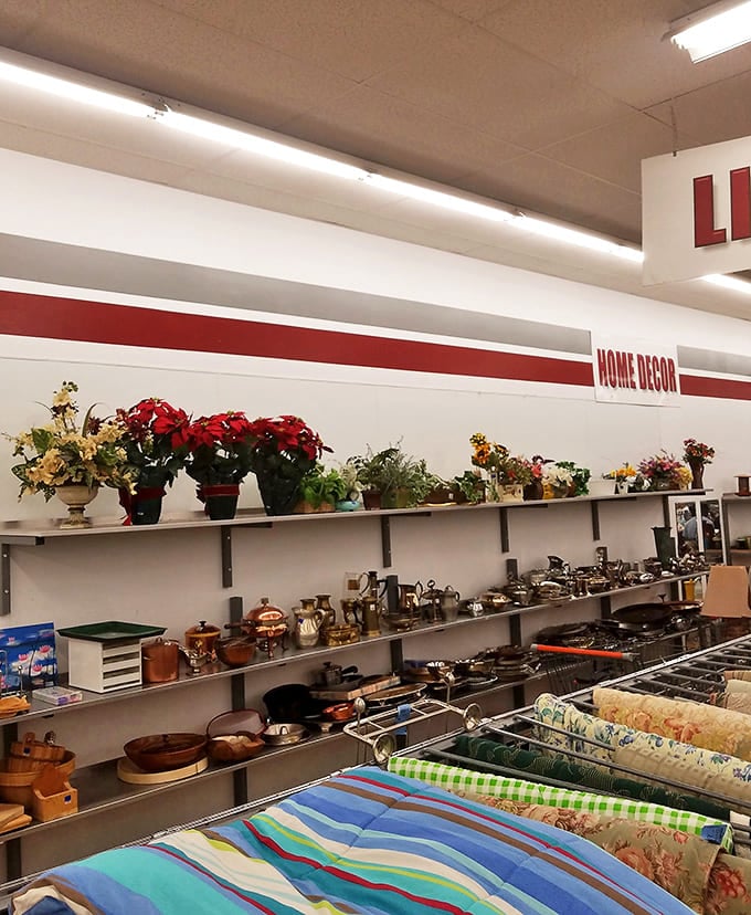 The home d&eacute;cor section resembles a time-traveling department store where poinsettias and copper cookware create an eclectic shopper's playground.