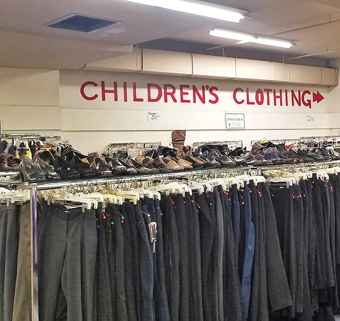 Shoes above, pants below&mdash;the thrifter's version of "upstairs, downstairs" where each aisle promises the thrill of unexpected discovery.