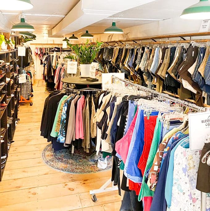 Rainbow-ordered clothing racks create a treasure hunter's paradise where patience is rewarded with that perfect vintage find.