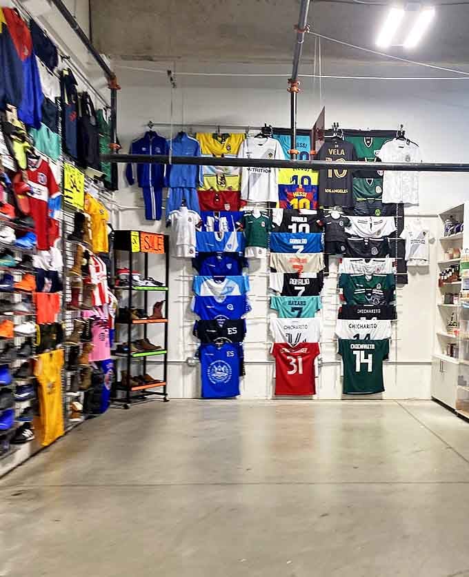 A rainbow of soccer jerseys and sports memorabilia transforms fans into kids again. The thrill of the hunt rivals the excitement of game day.