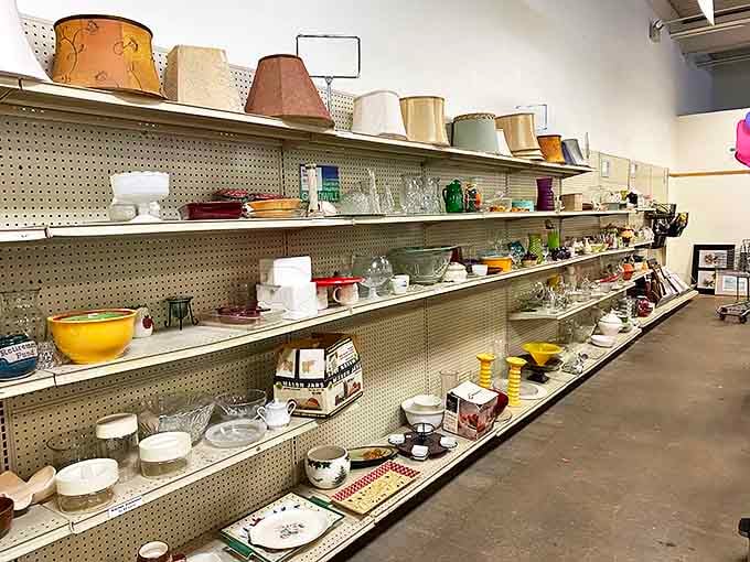 Lampshades and dishware await their second act in someone's home. Each shelf tells a different story, from grandma's china to that bowl everyone had in the '70s.