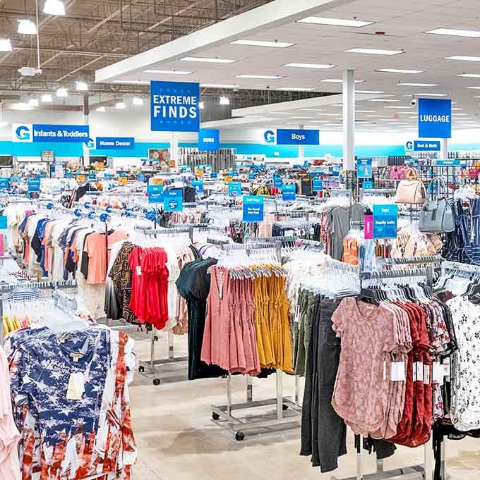Welcome to retail paradise! Racks upon colorful racks create a labyrinth of possibilities where fashion meets affordability.