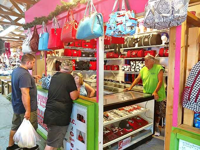 Handbag heaven or accessory overload? This colorful vendor booth proves that in the flea market universe, there's no such thing as too many options.