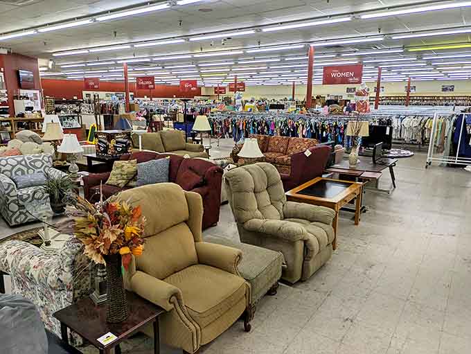 A furniture wonderland where recliners await their second chance at supporting someone's Netflix marathon. The living room section could furnish a small neighborhood.