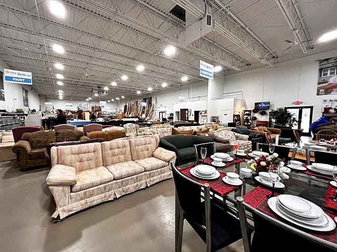 A wonderland of secondhand possibilities awaits, with sofas staged like an impromptu living room and dining sets ready for their next family gathering.