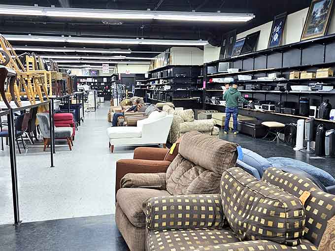 A furniture forest where sofas and shelving units create their own ecosystem of comfort. One person's discarded living room set becomes another's "vintage find."