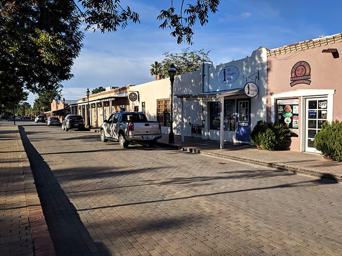 Adobe storefronts line Mesilla's historic streets, where the shadows of today's pickup trucks fall where stagecoaches once rolled.