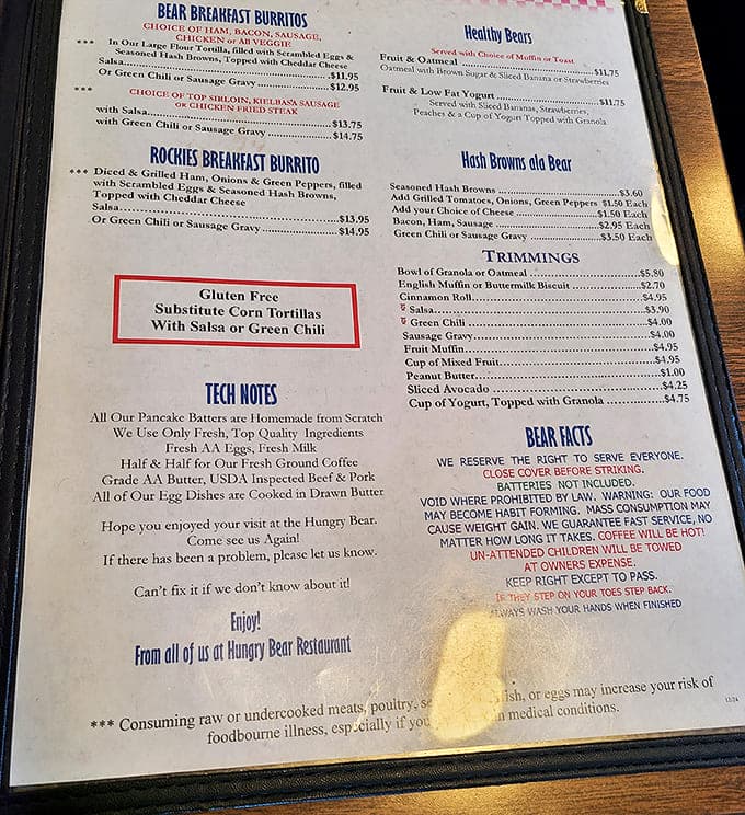 The menu tells the whole story: scratch-made pancakes, real butter, and a sense of humor that warns about unattended children receiving espresso.