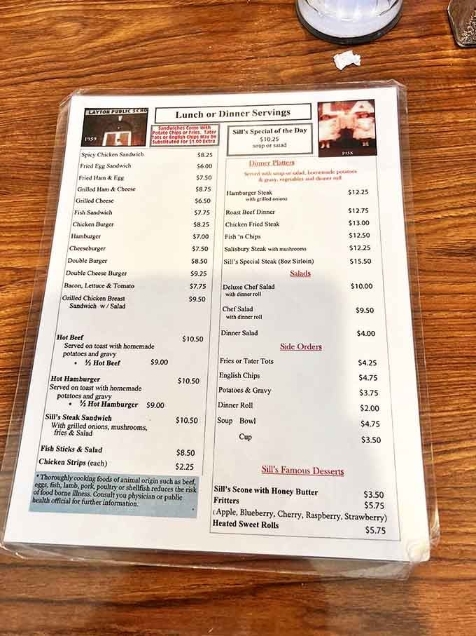 A menu that reads like a love letter to American comfort food, with prices that make you wonder if inflation somehow skipped this corner of Utah.