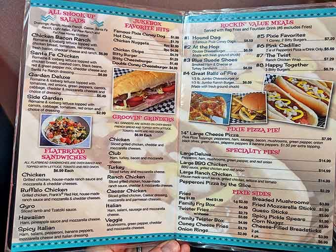 The menu reads like a rock concert lineup with "Rockin' Value Meals" and "Groovin' Grinders"&mdash;classics that have earned their place in the culinary hall of fame.