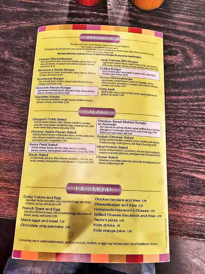 A menu that reads like a love letter to breakfast enthusiasts. The "we only use fresh, never frozen Angus" burger declaration is music to a hungry traveler's ears.