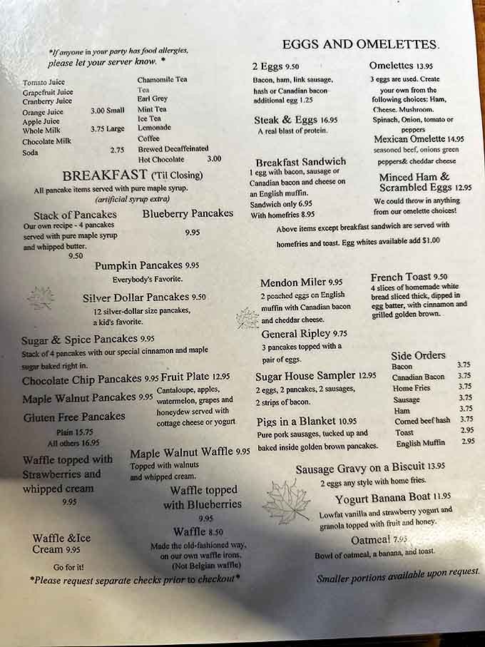 A menu that reads like a love letter to breakfast. Each maple-infused option promises the kind of morning that makes you forget all about your diet resolutions.