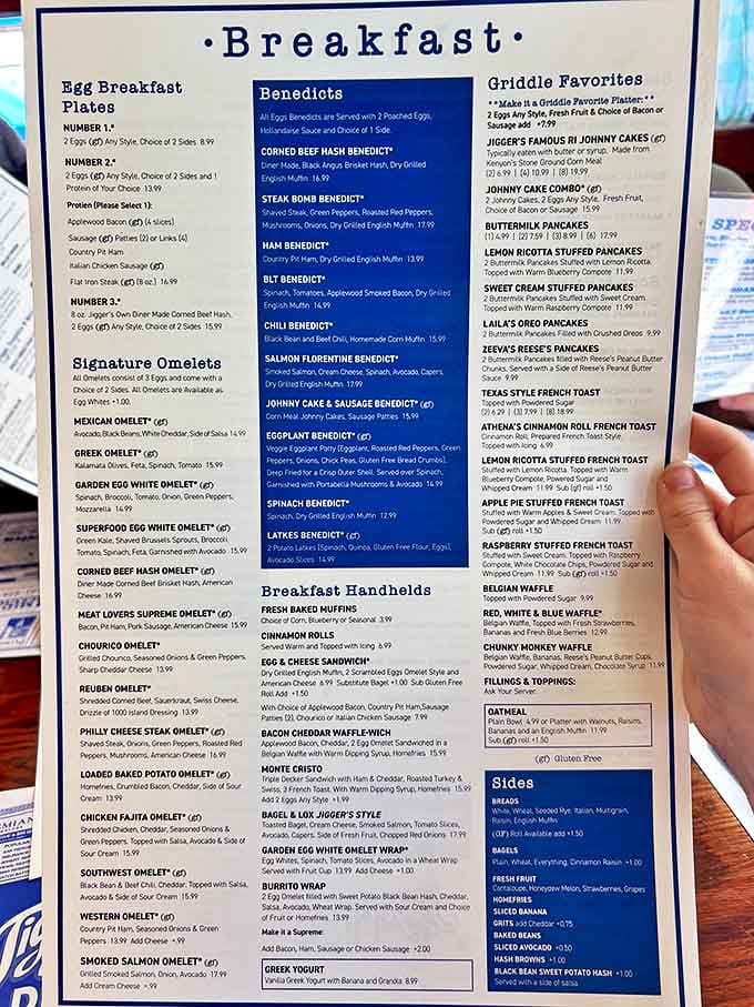 This isn't just a menu&mdash;it's a roadmap to breakfast nirvana. The hardest journey is deciding between johnny cakes and stuffed French toast.