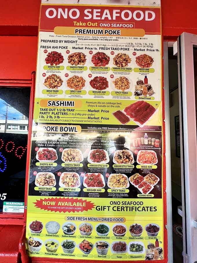 The menu at Ono Seafood reads like a love letter to Hawaiian seafood traditions, with each variety promising its own unique flavor adventure.