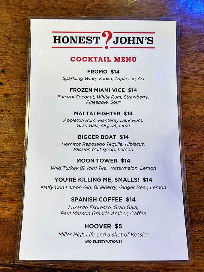 The cocktail menu reads like a passport to good times. That "Hoover" special might be the most honest drink in America.