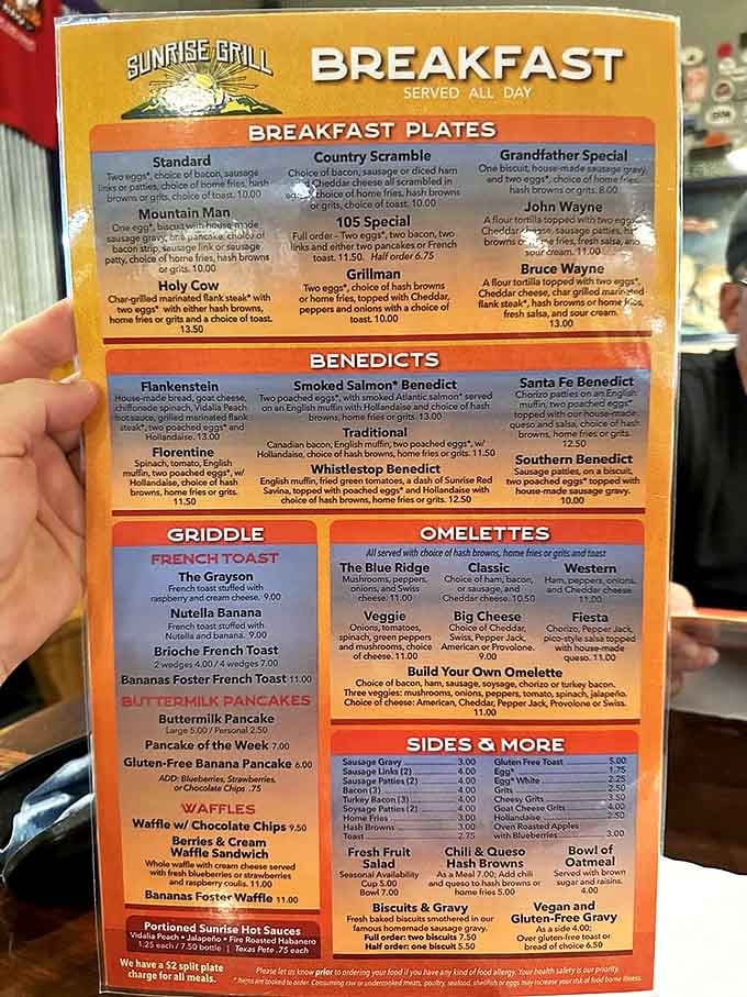 This menu isn't just a list—it's a treasure map where X marks the spot for breakfast gold, with options that'll make your wallet as happy as your stomach.
