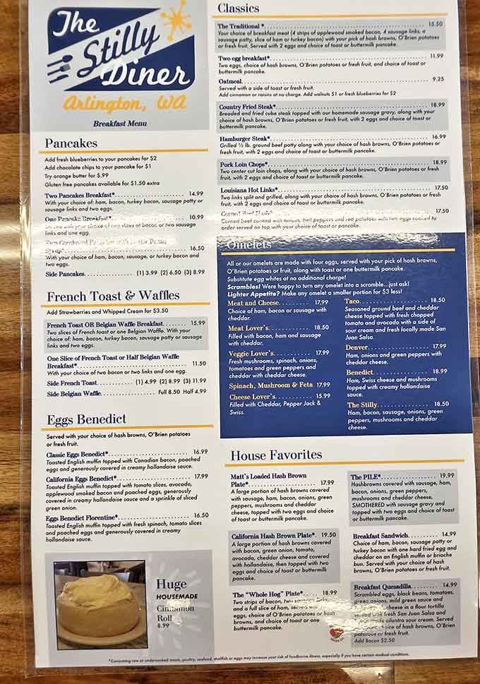 This menu isn't just a list of food&mdash;it's a love letter to breakfast. The "Huge Homemade Cinnamon Roll" at the bottom isn't subtle foreshadowing, it's a direct order.