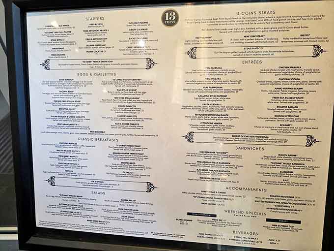 The menu at 13 Coins reads like a greatest hits album of American classics – breakfast anthems to steakhouse power ballads, available virtually any hour.