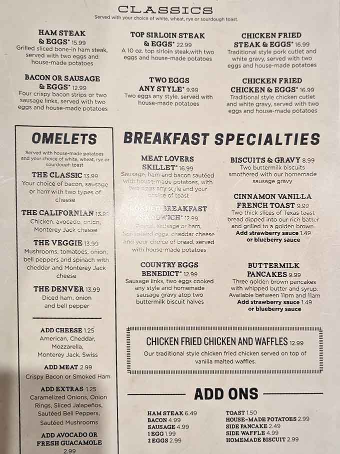 A menu that reads like a love letter to American classics. Breakfast all day because in Vegas, time is just a suggestion anyway.
