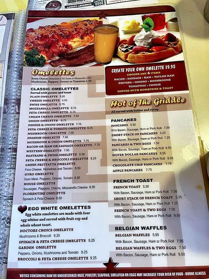 The menu&mdash;a laminated epic that requires both hands to hold. More breakfast options than there are episodes of Law & Order.