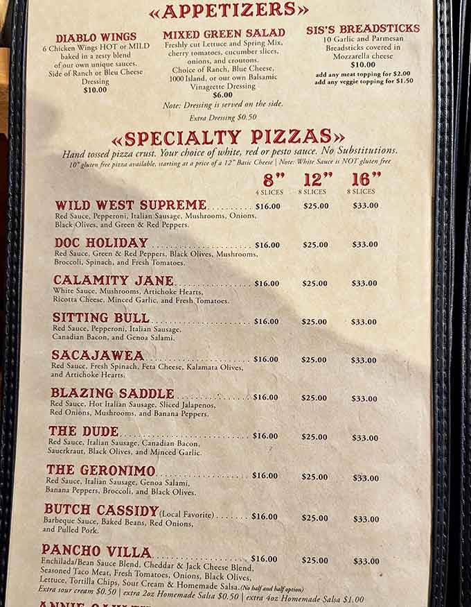 The menu reads like a Western novel with characters you'll want to meet—Calamity Jane, Butch Cassidy, and The Dude all make delicious appearances.