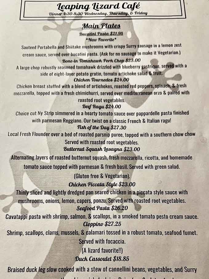 The menu reads like a love letter to both land and sea. Cioppino as "a lizard favorite" might be the only time reptiles and seafood have been so happily associated.