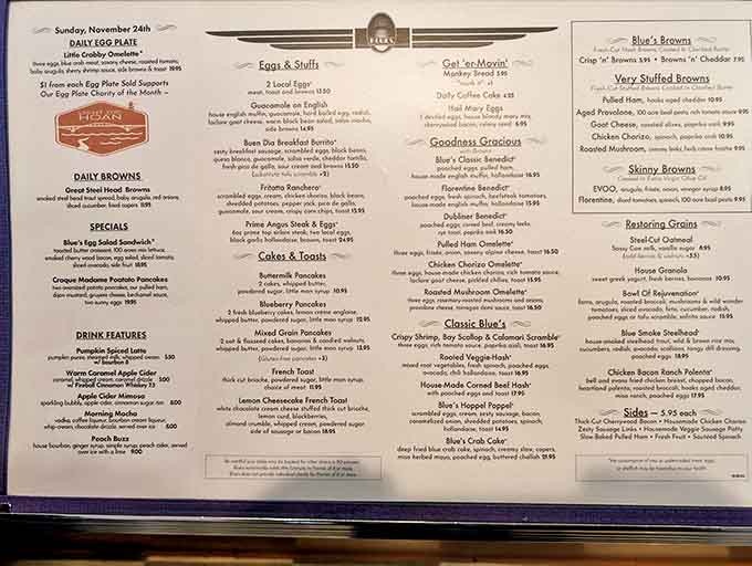 Reading this menu is like finding the breakfast version of the Dead Sea Scrolls&mdash;ancient wisdom that promises salvation through properly cooked eggs and heavenly hash browns.