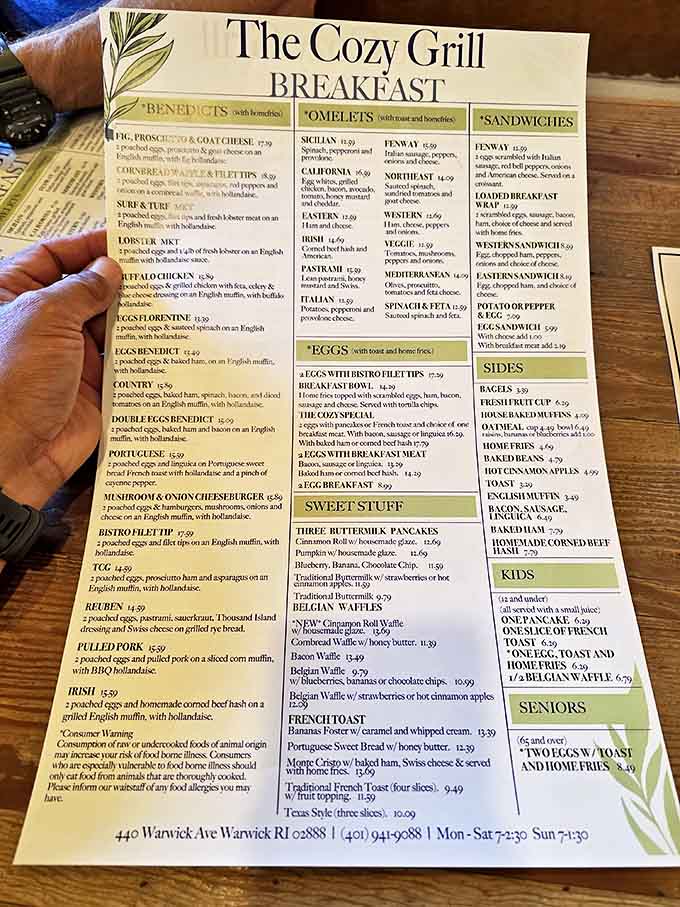 The menu reads like a love letter to morning indulgence. Benedict varieties alone could keep you coming back weekly for a year&mdash;each one a hollandaise-draped masterpiece.