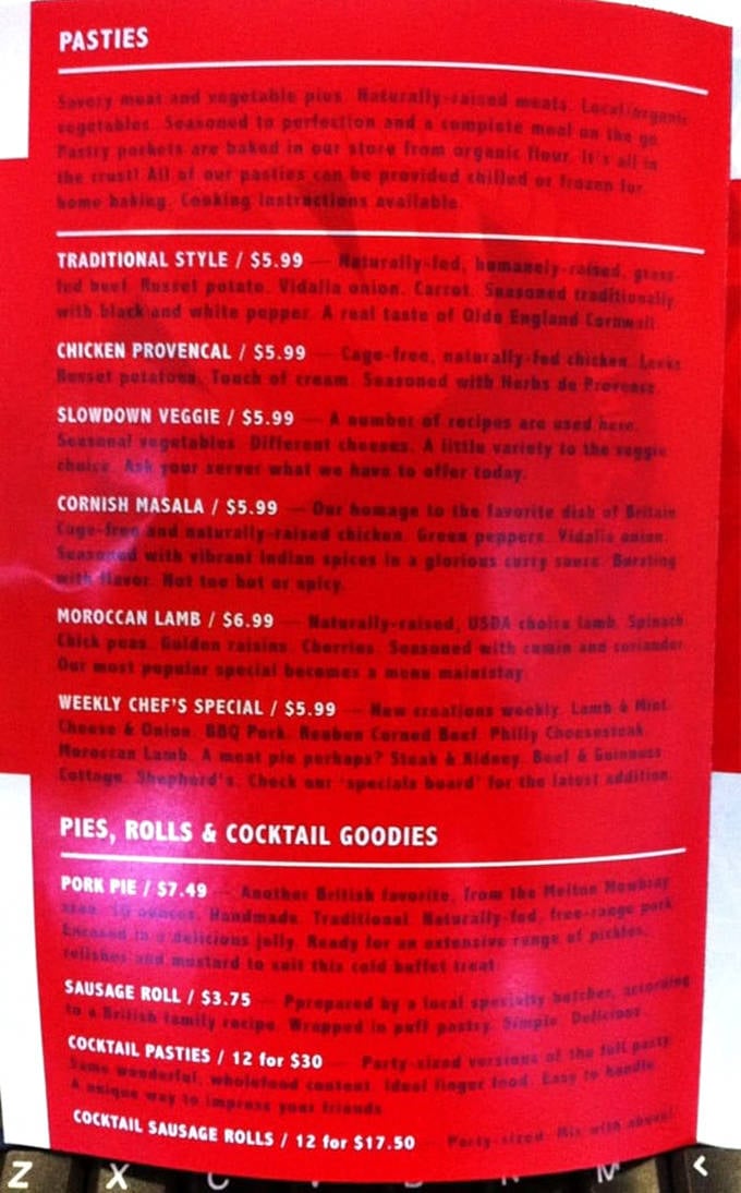 The menu reads like a culinary tour of Britain, with each pasty promising a different delicious journey across the pond.