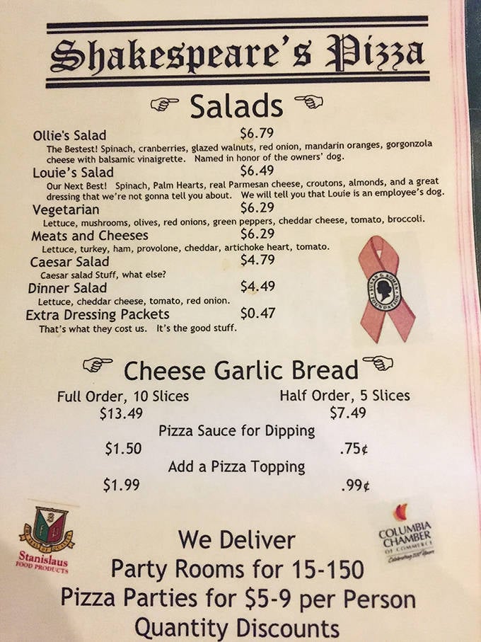 A menu that speaks volumes without pretension—where salads named after dogs and straightforward descriptions remind us that good food needs no fancy explanation.