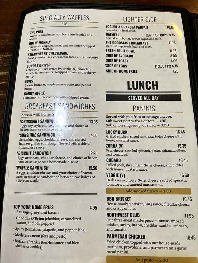 The menu at Mandy's reads like a love letter to breakfast enthusiasts. From "The Elvis" waffle to the "Northwest Club," decisions have never been so deliciously difficult.