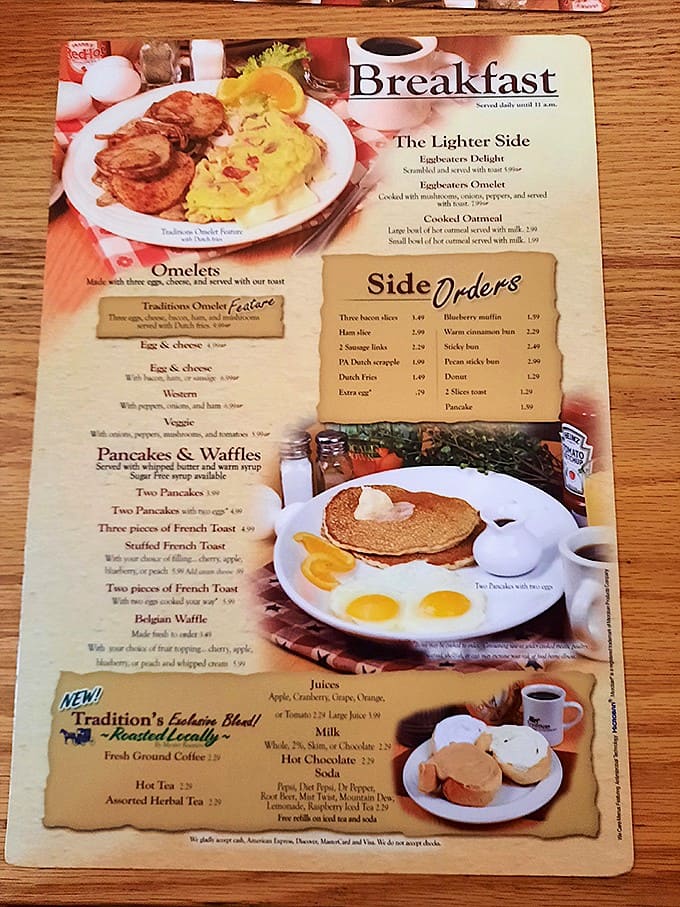 A breakfast menu that reads like poetry to hungry morning travelers&mdash;where decisions become deliciously difficult.